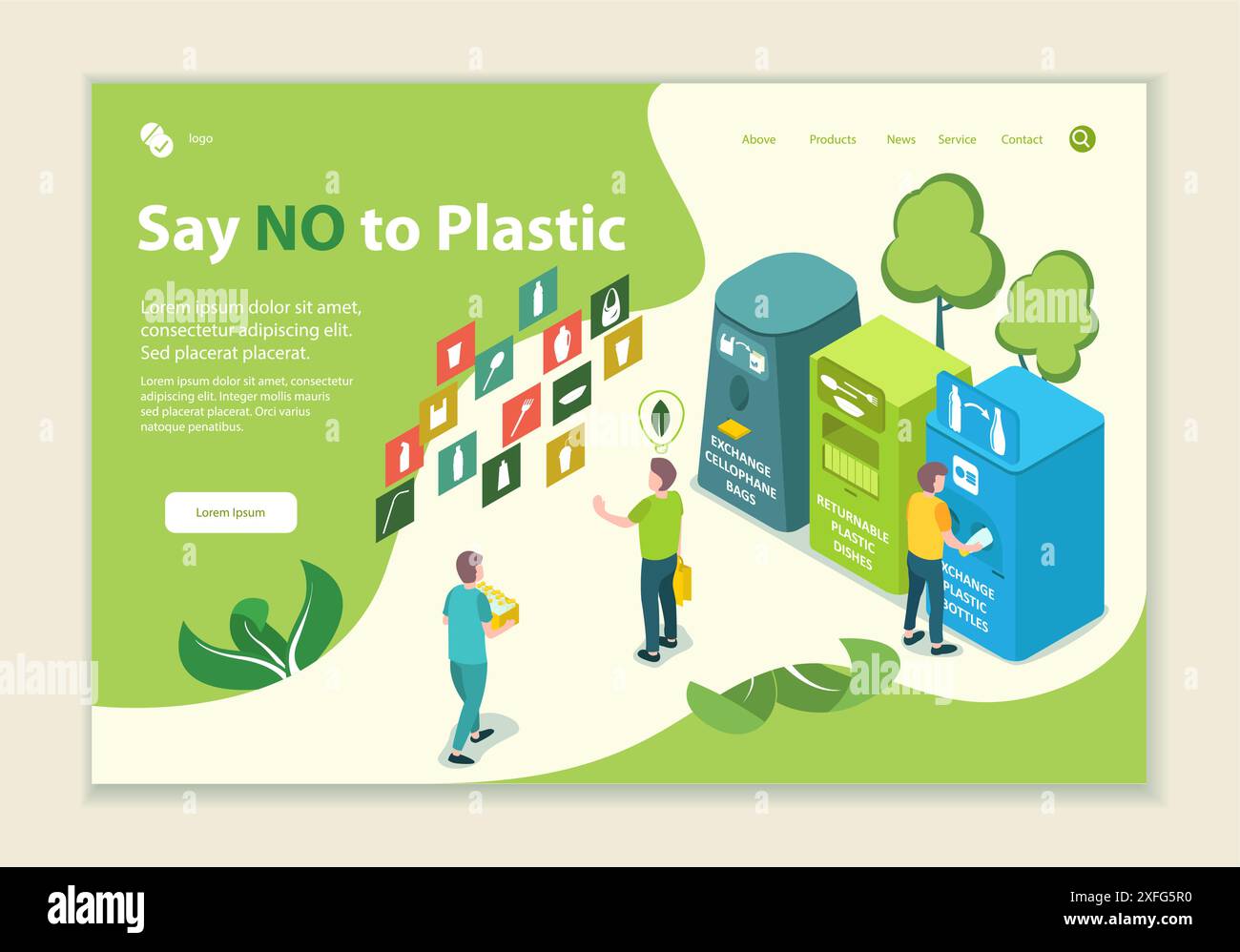 Concept of say no to plastic, website template, 3D isometric style ...