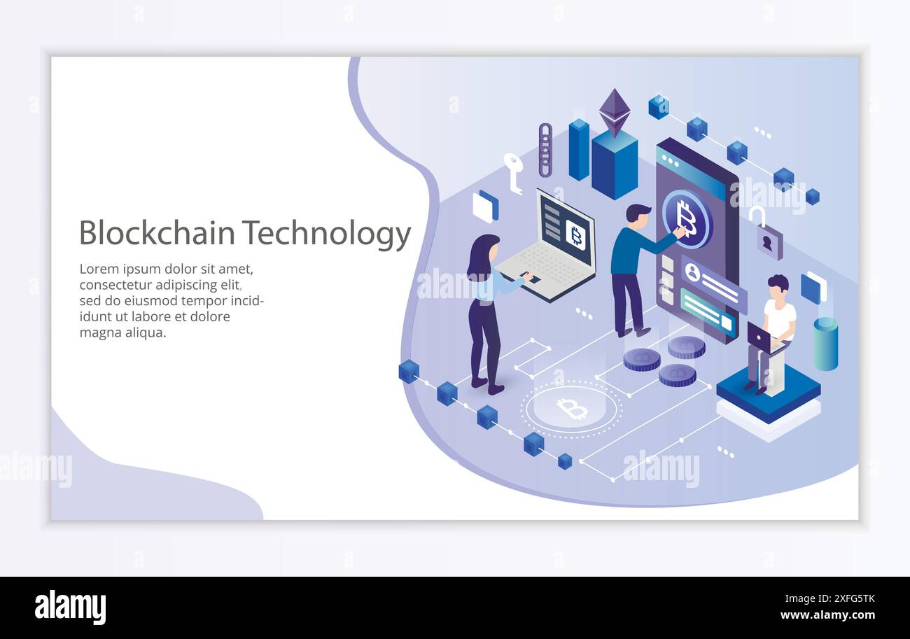 Creative website template of blockchain technology, vector illustration ...