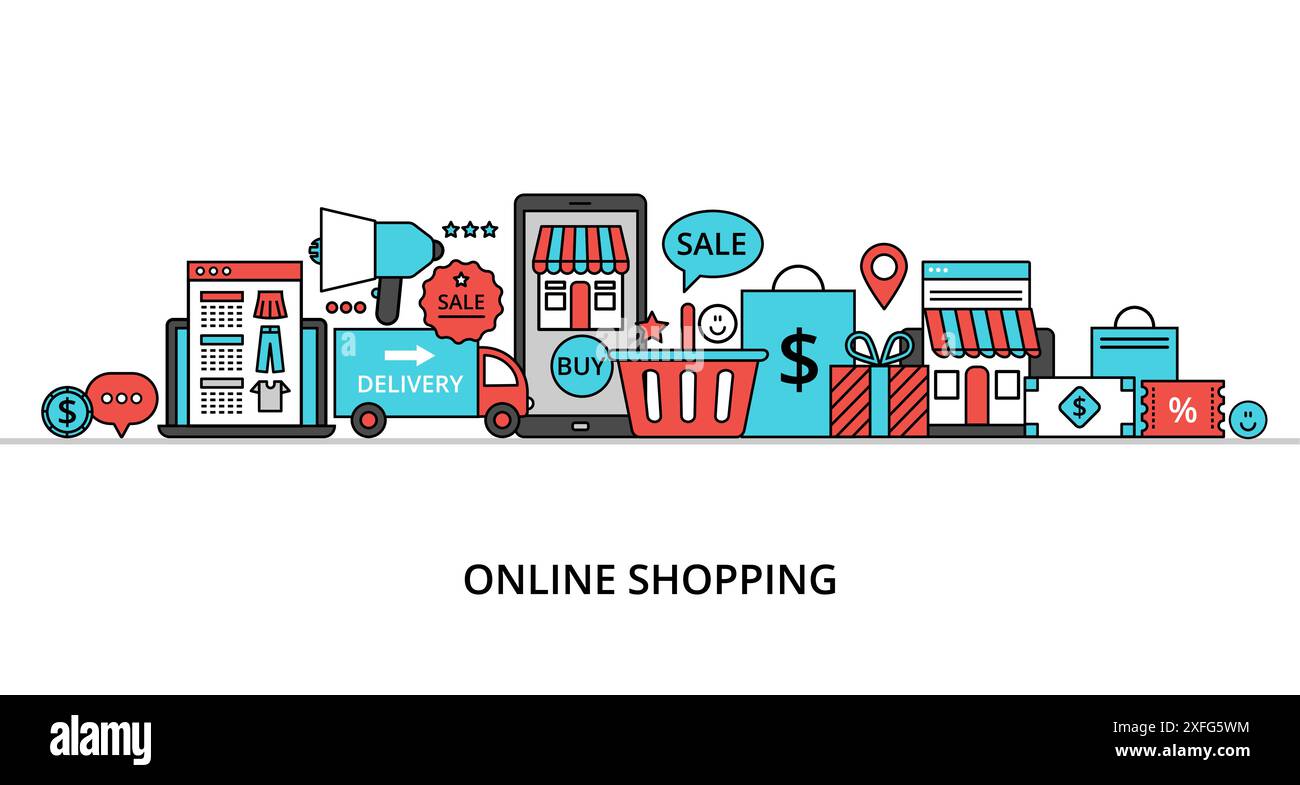 Modern flat thin line design vector illustration, concept of online ...