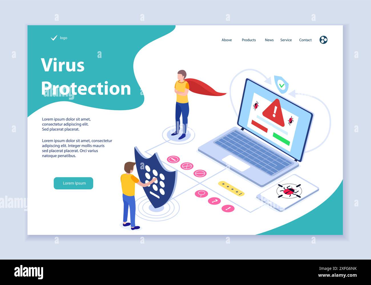 Creative website template of virus protection concept, 3D isometric ...