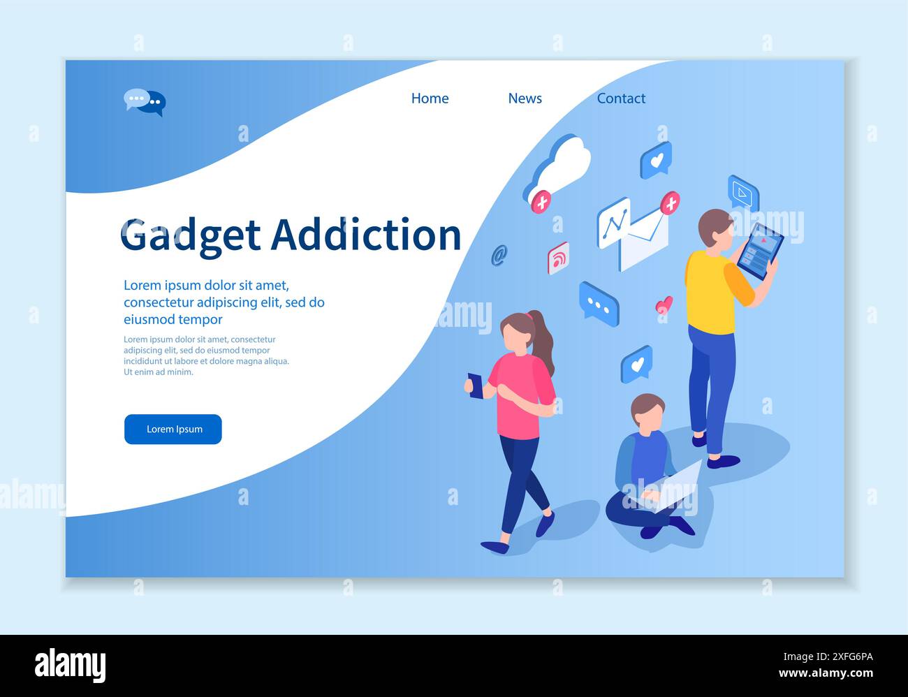 Creative website template of Gadget Addiction concept, 3D isometric ...