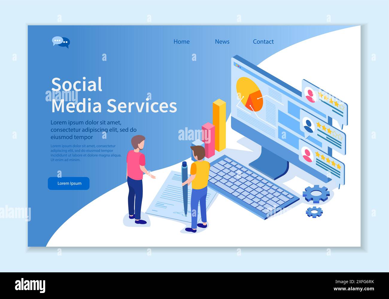 Creative website template of Social Media Services concept, 3D isometric design vector ...
