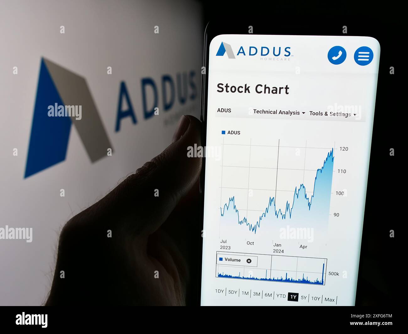 Person holding cellphone with webpage of US home care company Addus ...