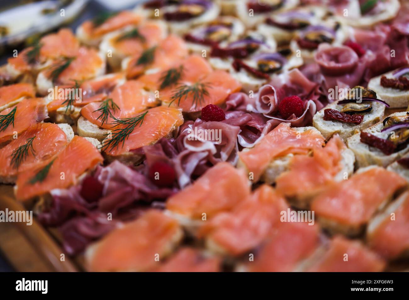 Canapes with seafood and smoked salmon and parm ham. Food styling for a ...