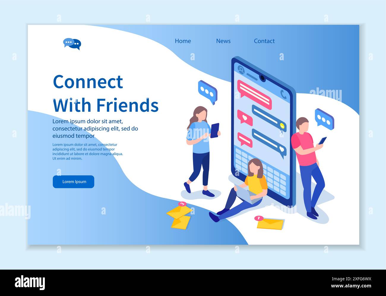 Creative website template of Connect with Friends concept, 3D isometric ...