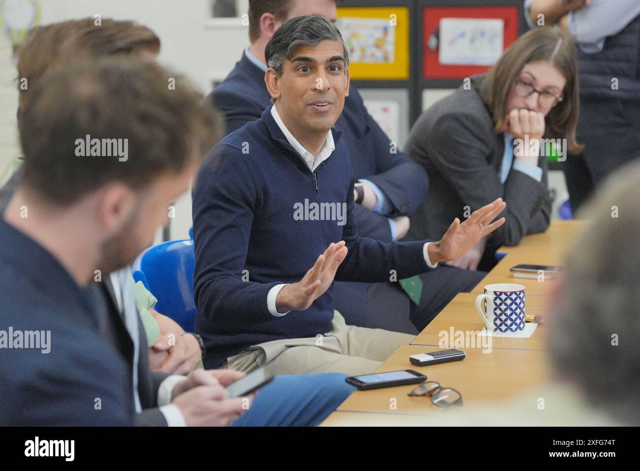 Prime Minister Rishi Sunak speaks to members of the media during a ...