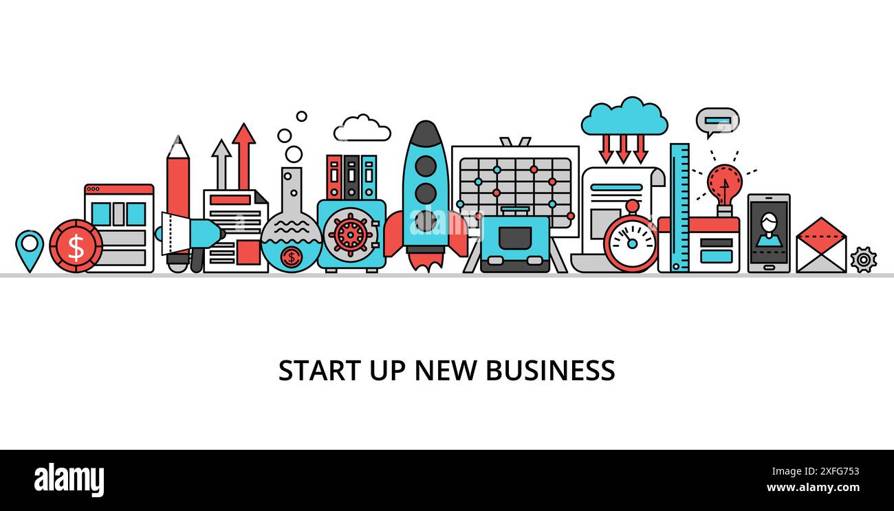 Concept of startup new business, modern flat thin line design vector ...