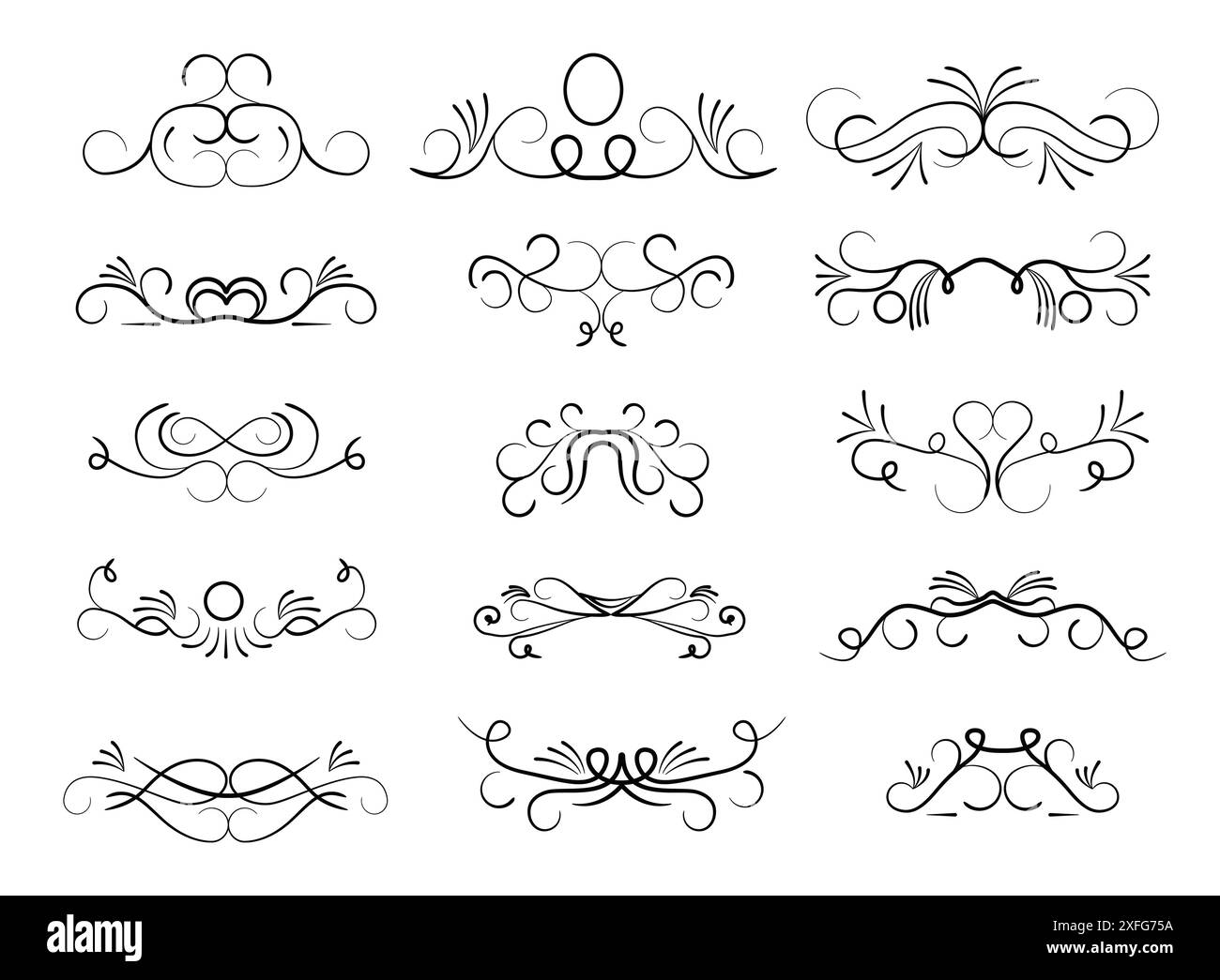 Set of ornamental filigree flourishes and thin dividers on white ...