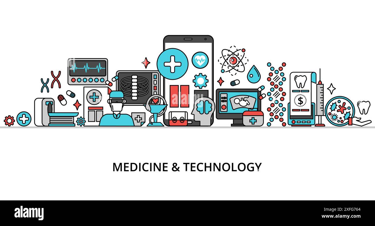 Concept of medicine and technology, flat thin line design vector ...