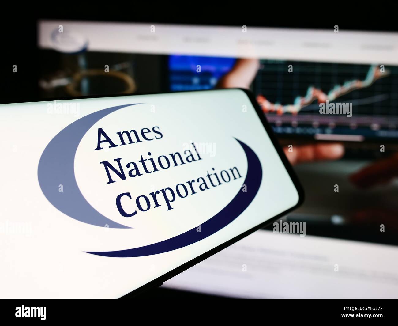 Mobile phone with logo of US financial services company Ames National ...