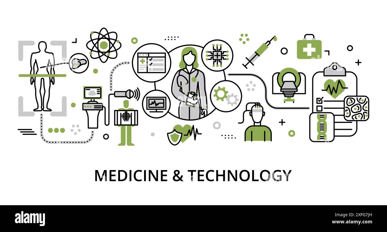 Concept of medicine and technology, flat thin line design vector ...
