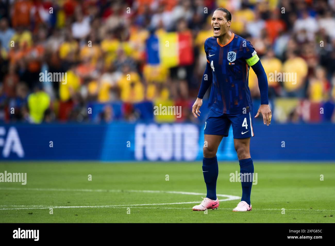 Munich, Germany. 2 July 2024. Virgil van Dijk of Netherlands reacts ...