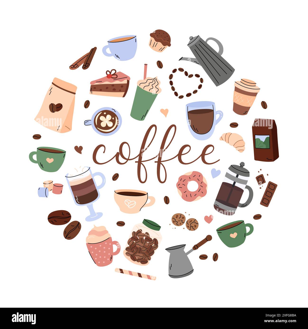 Coffee vector doodles set. Round design. Circle shaped illustration of ...
