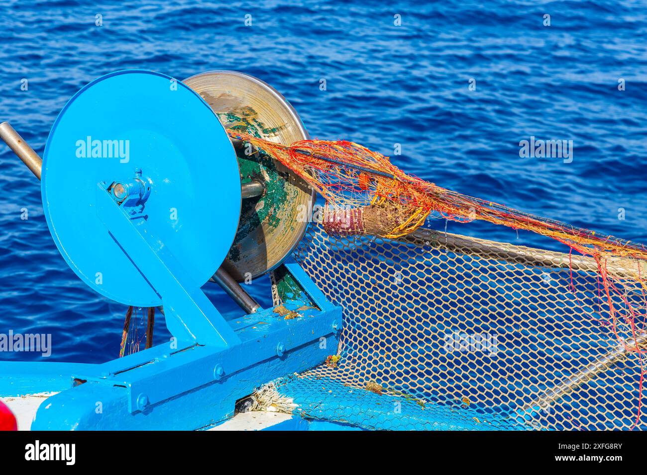 Traditional lobster fishing with nets off the coast of Kefalonia, Greek ...