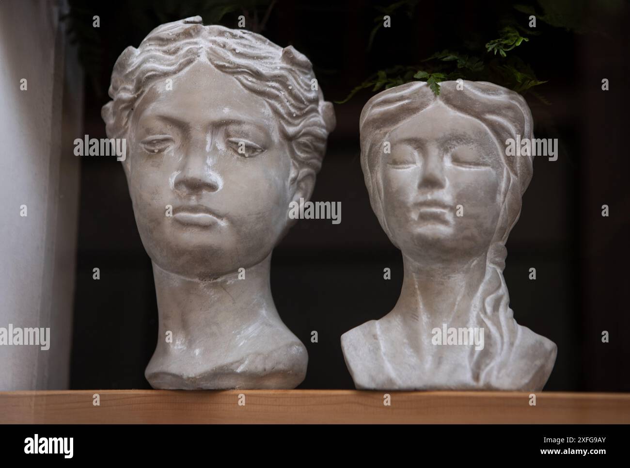 Two statue heads displayed in sculptor's showcase window Stock Photo ...