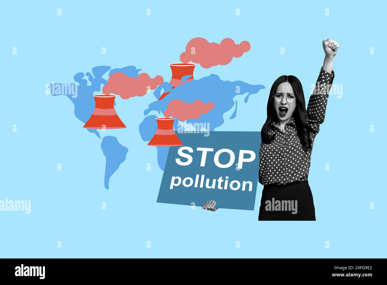 Creative collage of activist female strike hold banner stop pollution ...