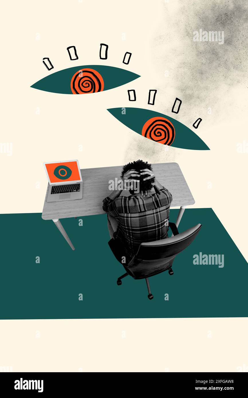 Vertical photo collage of upset guy panic cyberbully spy eyes vision ...