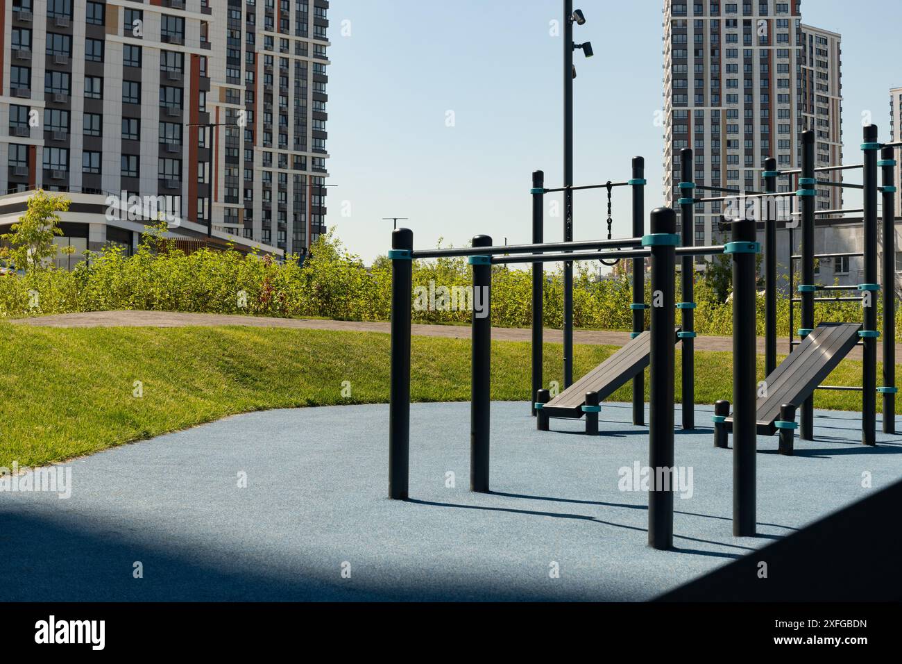 Modern sports playground or gym park for fitness exercises in the city ...