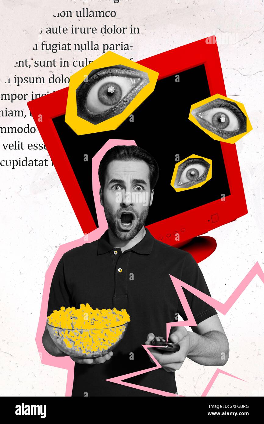 Vertical photo collage of shocked man hold remote controller tv horror ...
