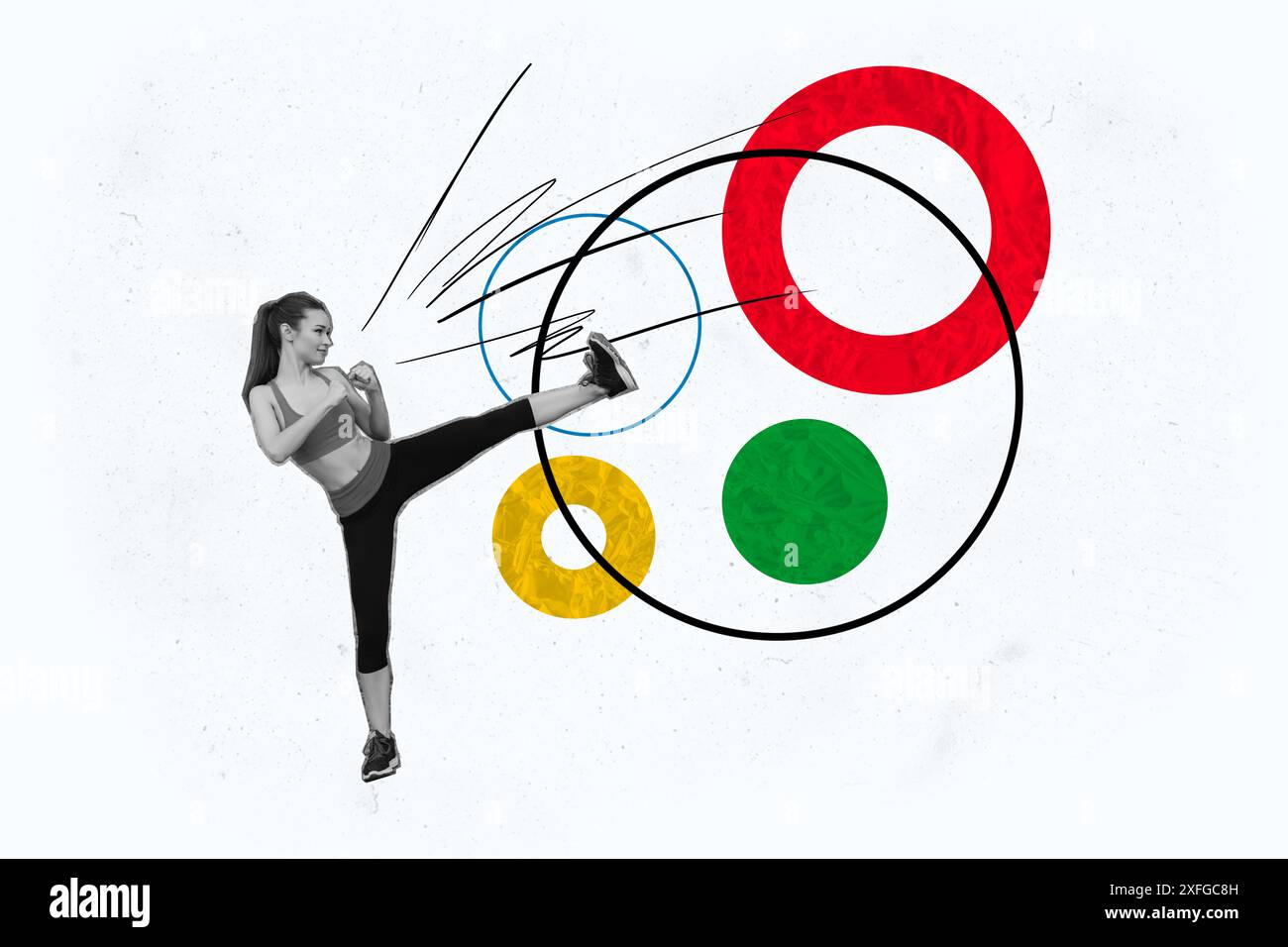 Composite collage image of young female kick fighing karate olympic ...