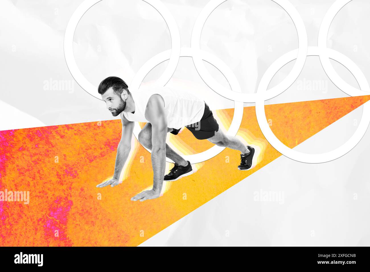 Composite collage image of young man runner prepare start line olympic ...