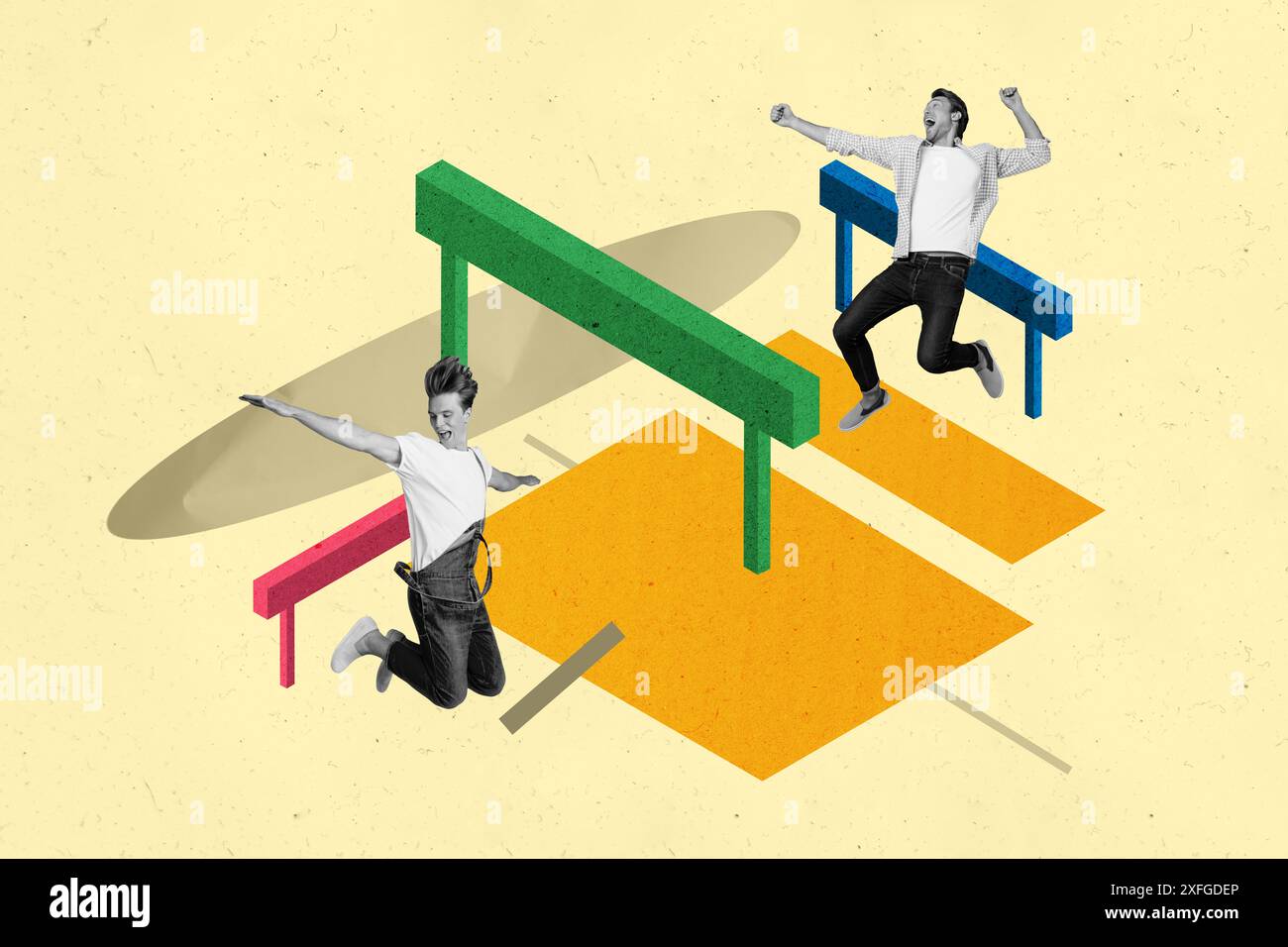 Composite photo collage of two happy man athlete jump run obstacle ...