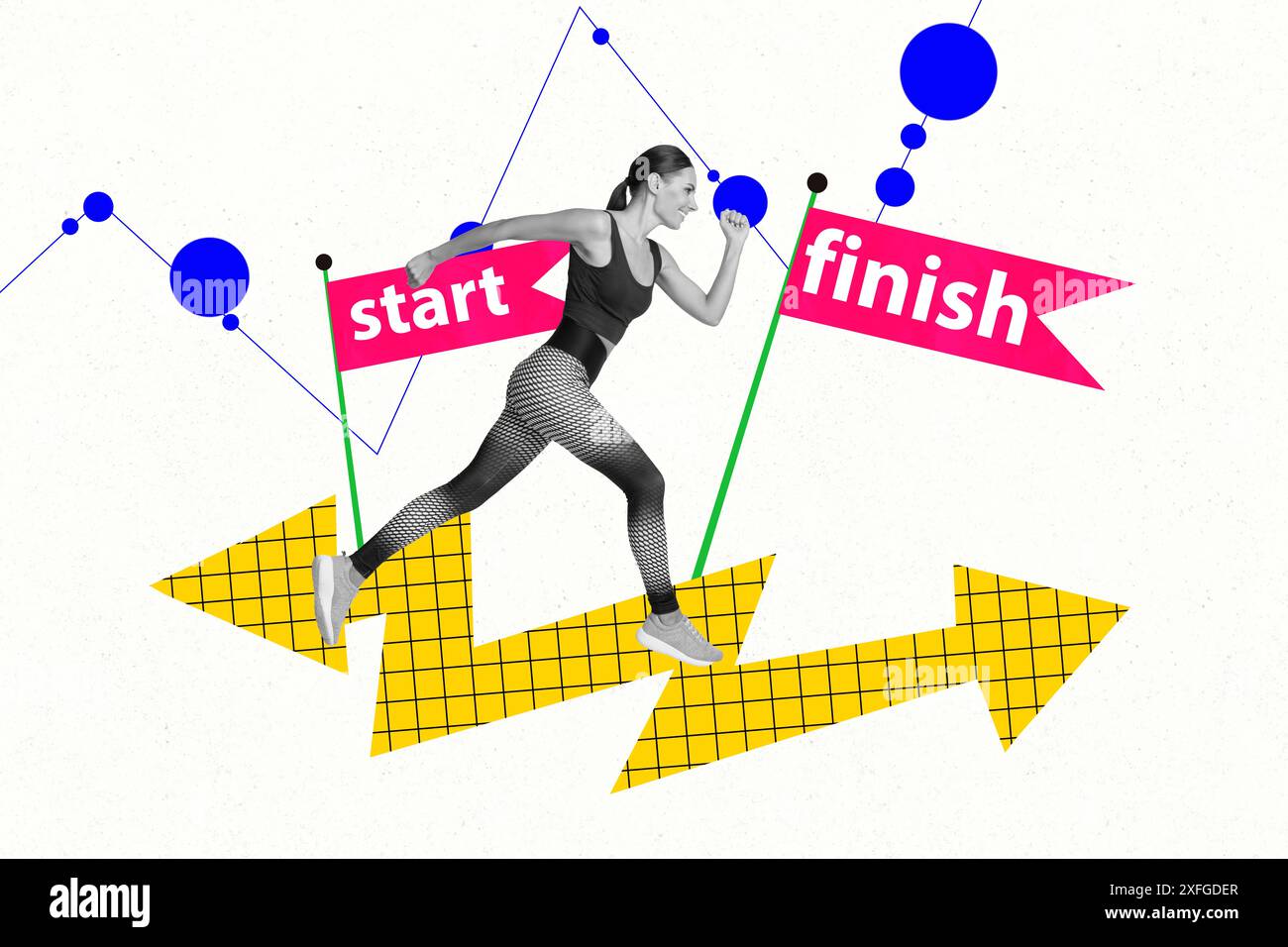 Composite collage image of young female running start finish line flags ...