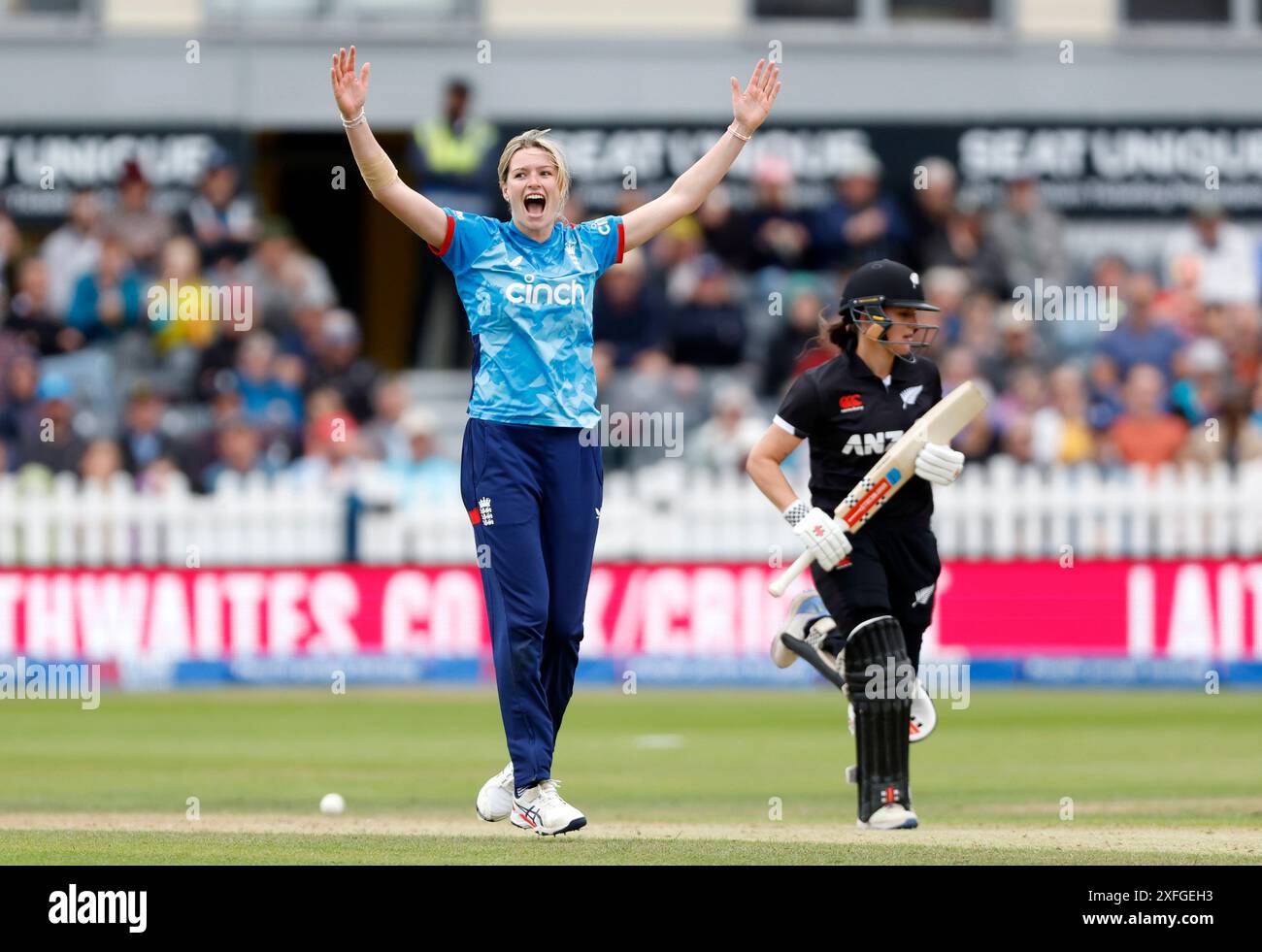 England’s Lauren Bell celebrates taking the wicket of New Zealand’s ...