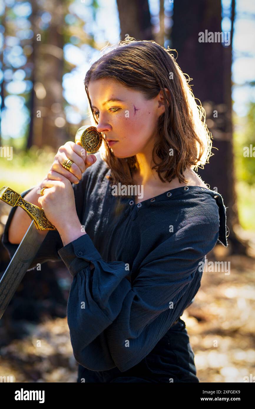 Young Woman Holding Sword Cosplay Acting Redwood Forest Stock Photo - Alamy