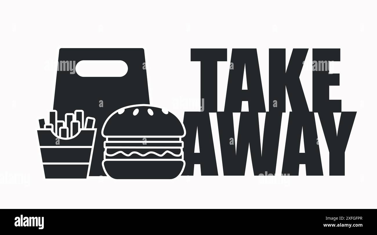 Vector Isolated Illustration of Burger and Fries and a take away bag. Black and White Burger and ...