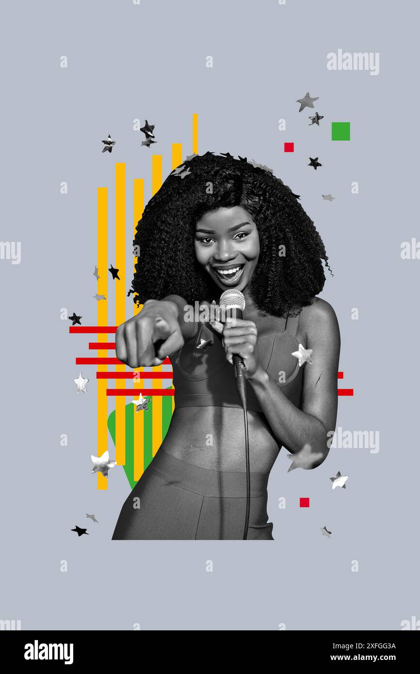 Vertical composite collage image picture of girl sing point finger you ...