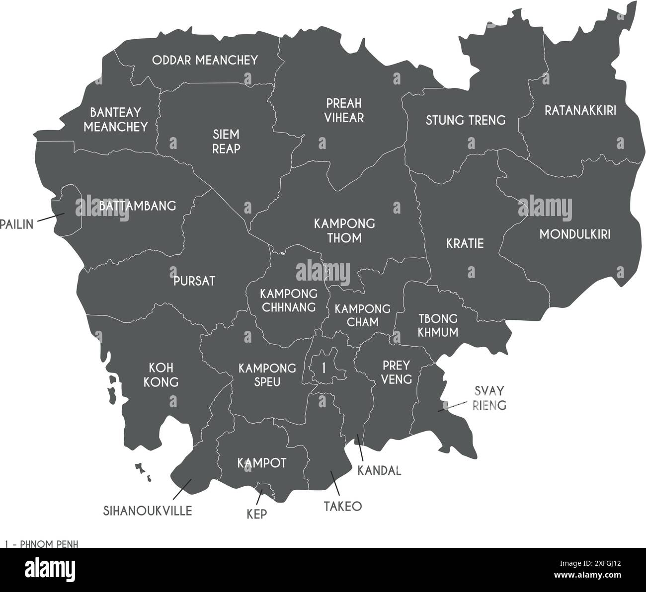 Vector regional map of Cambodia with provinces and administrative divisions. Editable and ...