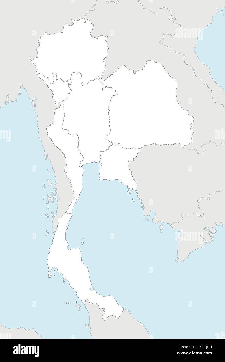 Vector blank map of Thailand with regions and administrative divisions, and neighbouring ...