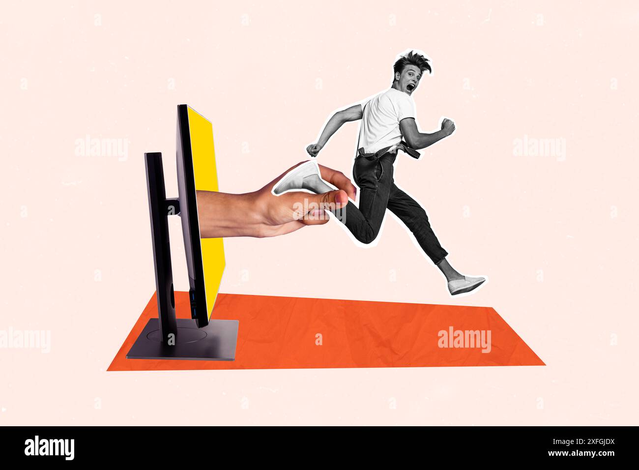 Composite photo collage of human hand peek pc screen run panic scream ...