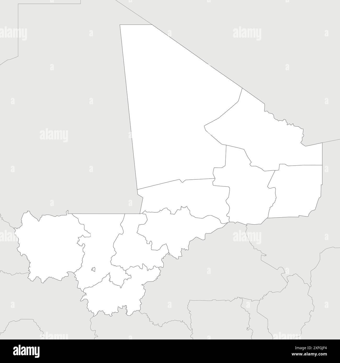 Vector blank map of Mali with regions, capital district and administrative divisions, and ...