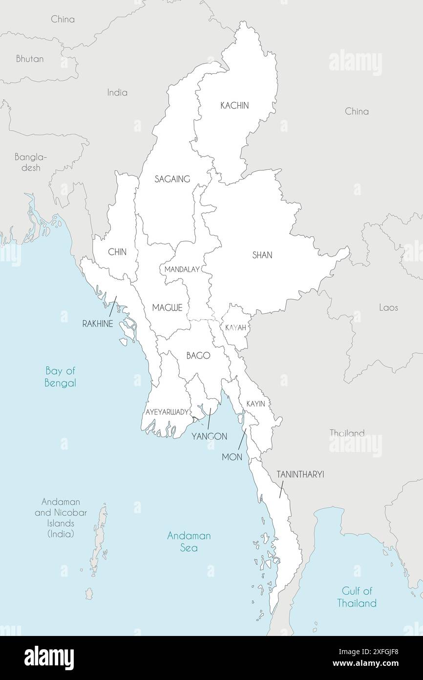 Vector map of Myanmar with regions, states and administrative divisions ...