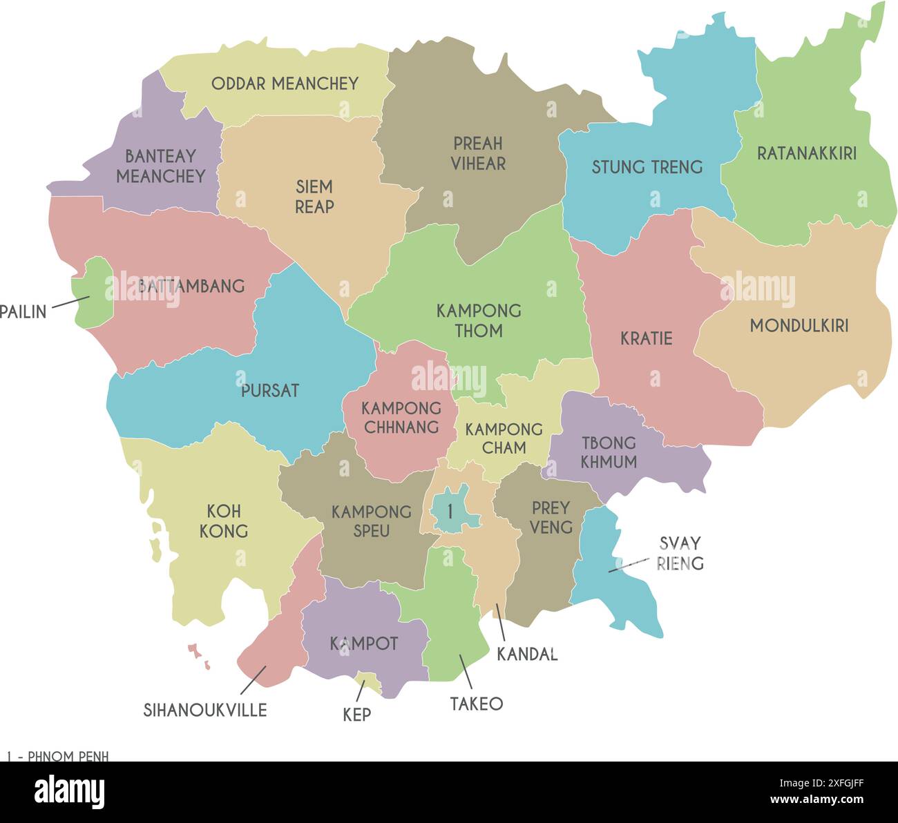 Vector regional map of Cambodia with provinces and administrative ...