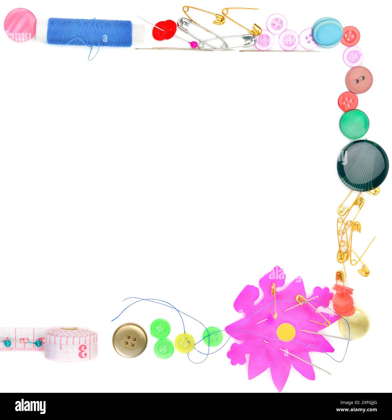 Sewing tools isolated on white background. Frame of items with empty ...