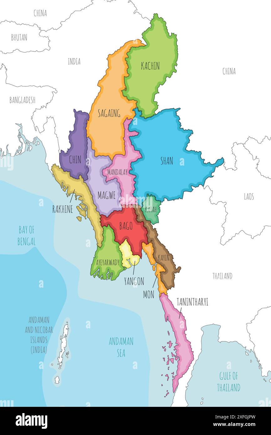 Vector illustrated map of Myanmar with regions, states and ...