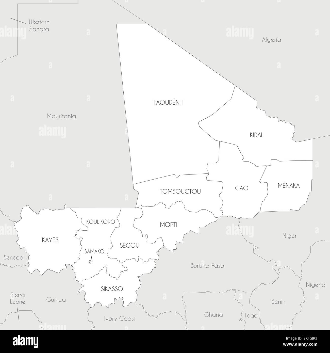 Vector map of Mali with regions, capital district and administrative ...