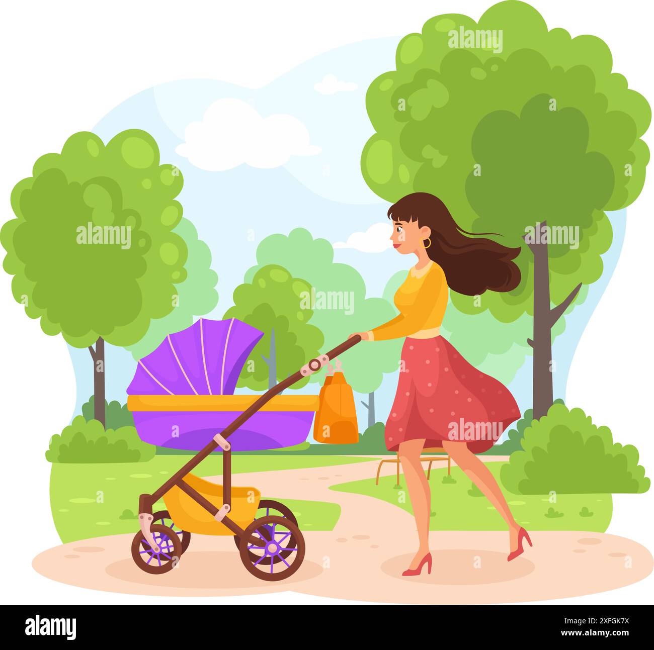 Mother walking stroller. Babysitter or mom walk with baby pushchair in ...