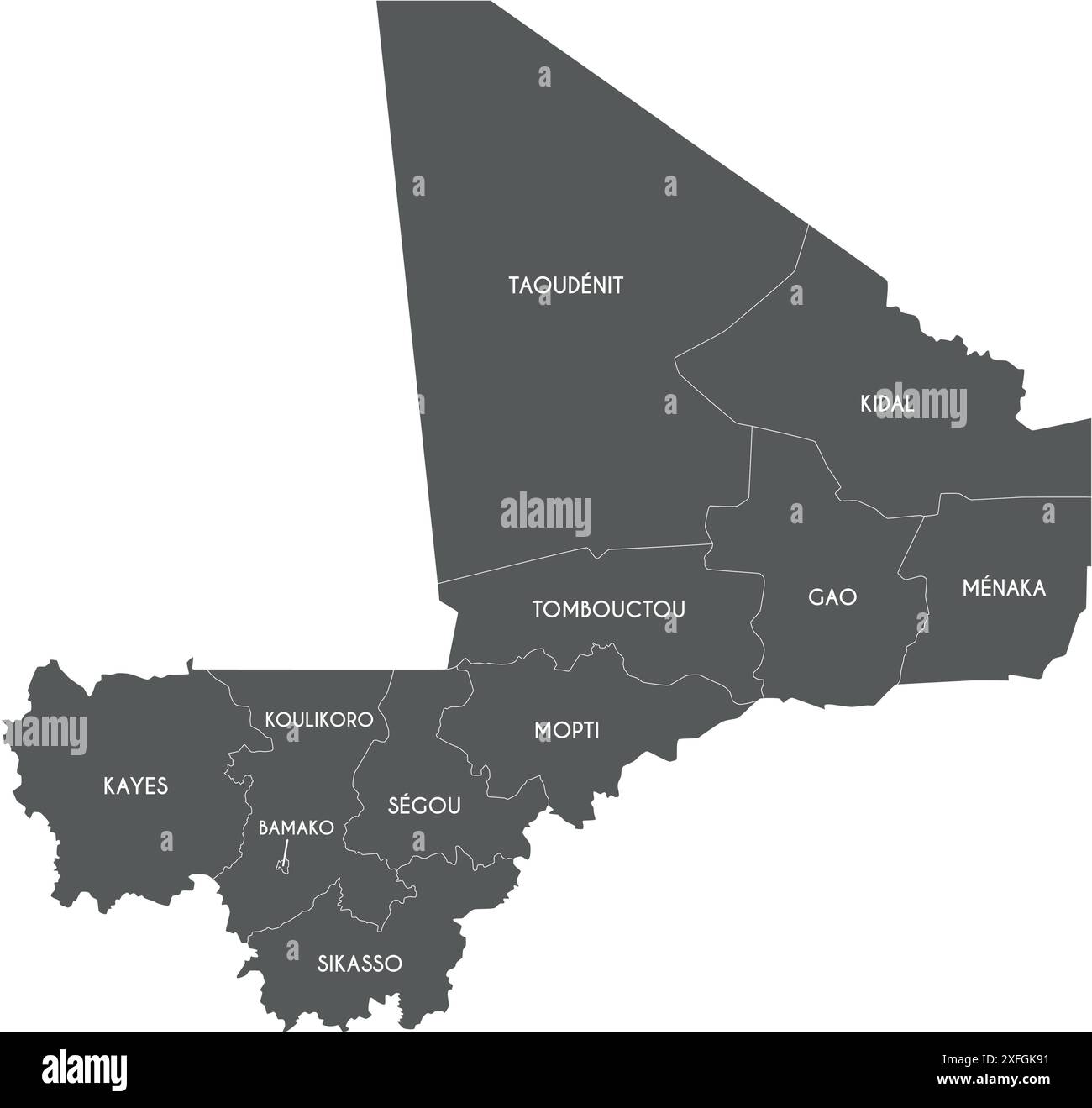 Vector map of Mali with regions, capital district and administrative ...