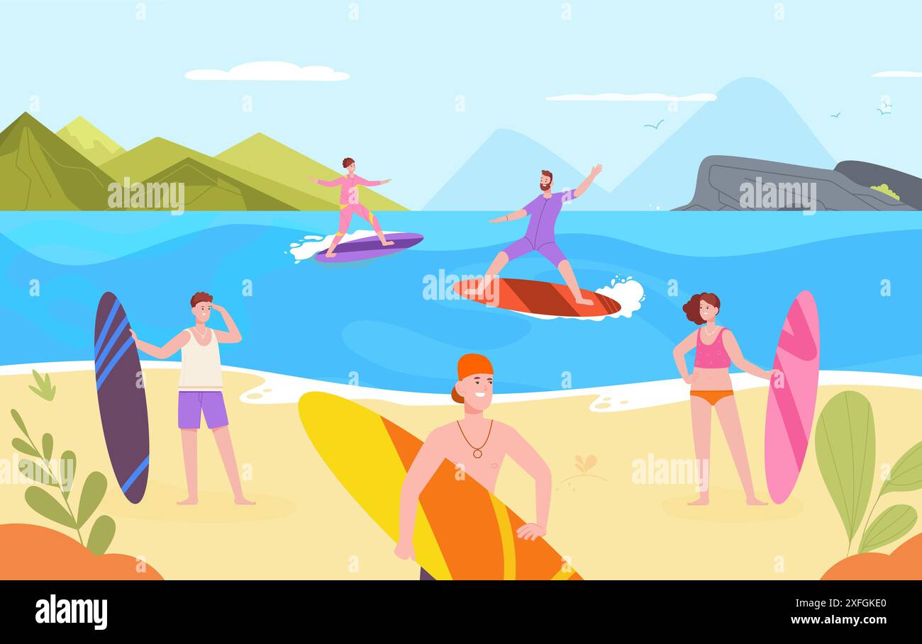 Surfers leisure activities. Happy male female person on surf board ...