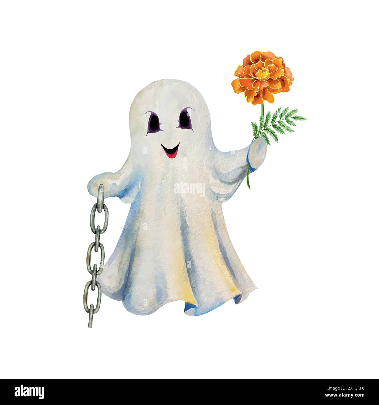 Ghost in a sheet, marigold flower and chain, watercolor. Hand drawn ...