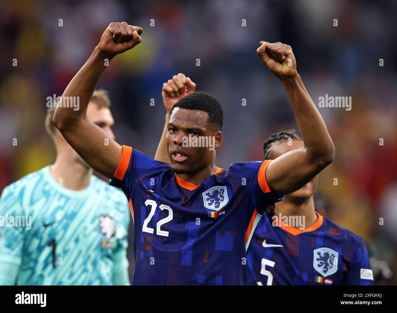 MUNICH, GERMANY - JULY 02: Denzel Dumfries of Netherlands celebrate ...