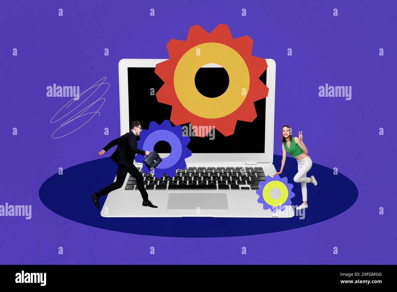 Creative picture collage coworkers colleagues cogwheels efficiency job ...