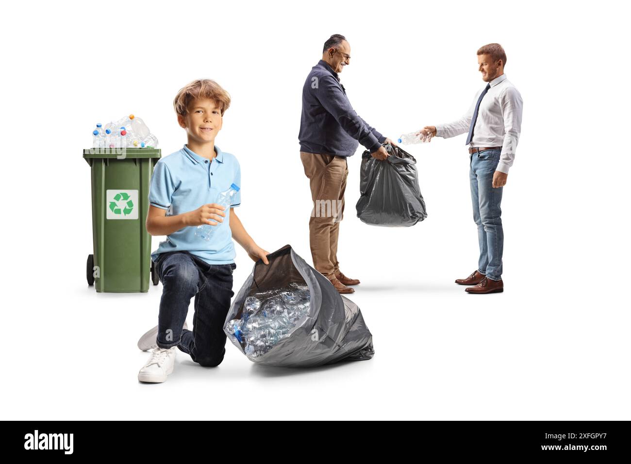 Boy picking up plastic bottles and men recycling waste isolated on ...