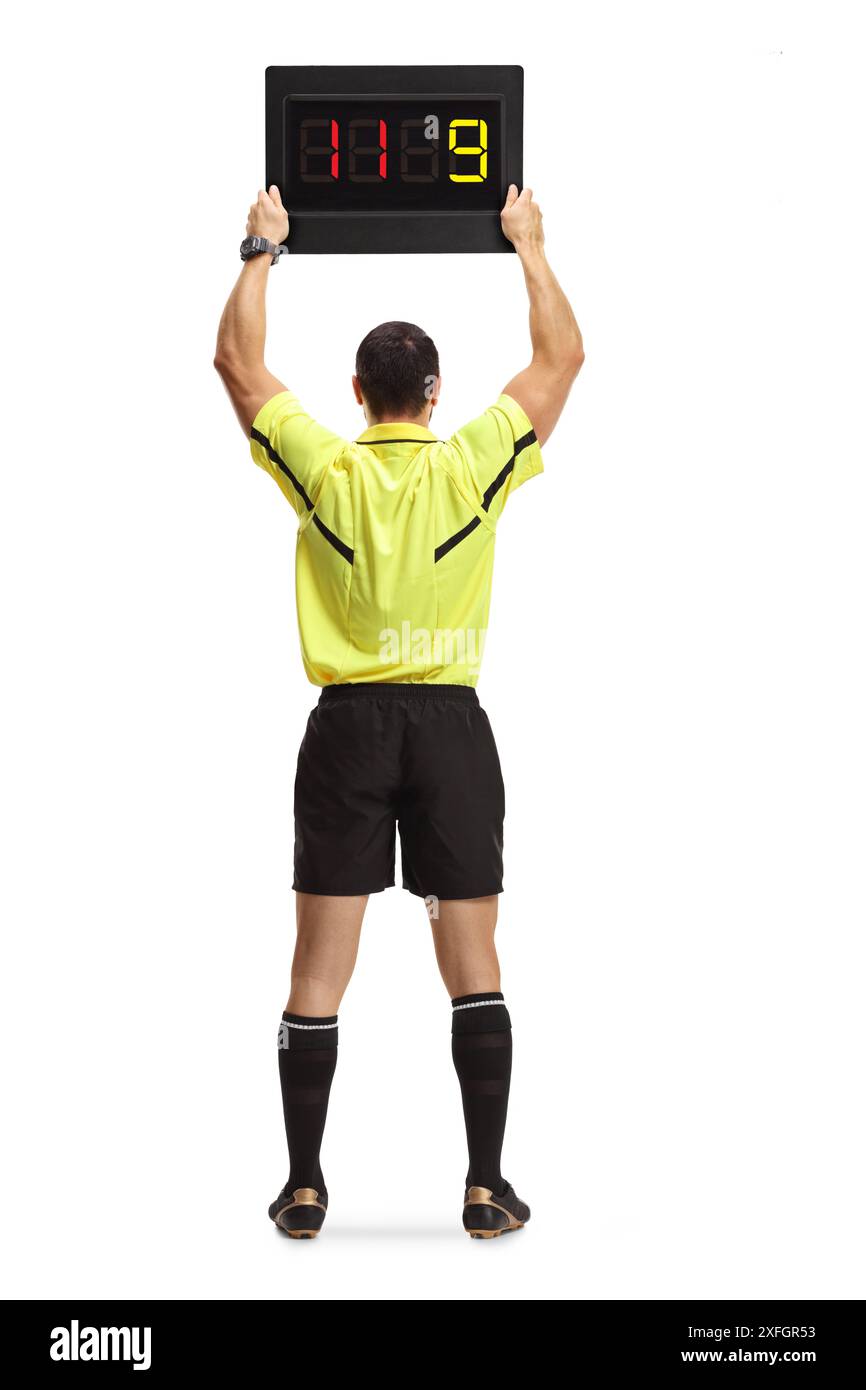 Football referee with a substitute board isolated on white background ...