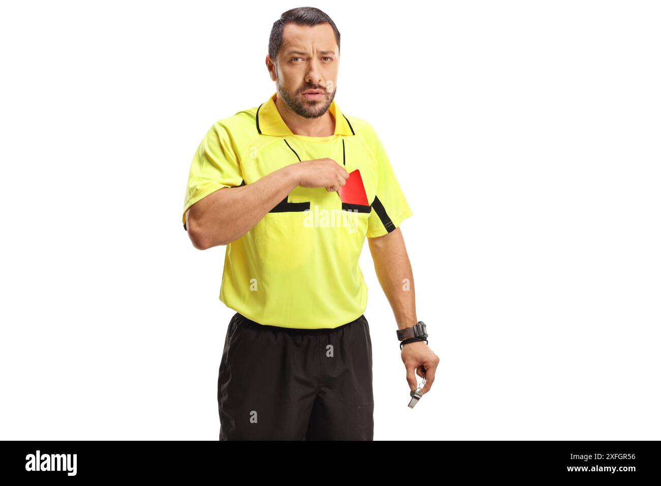 Football referee with red card in pocket isolated on white background ...