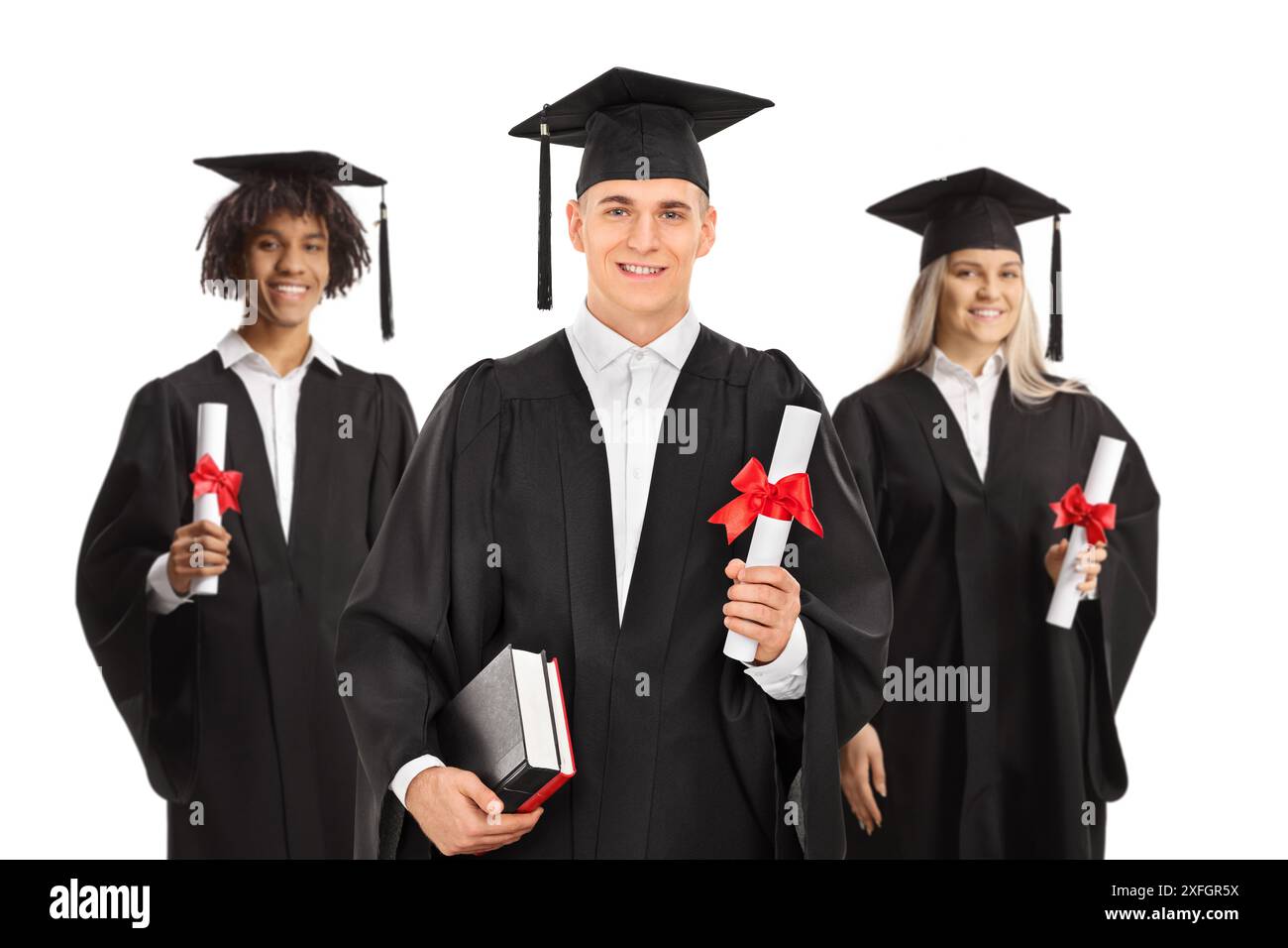 Group of graduate students in gowns isolated on white background Stock ...